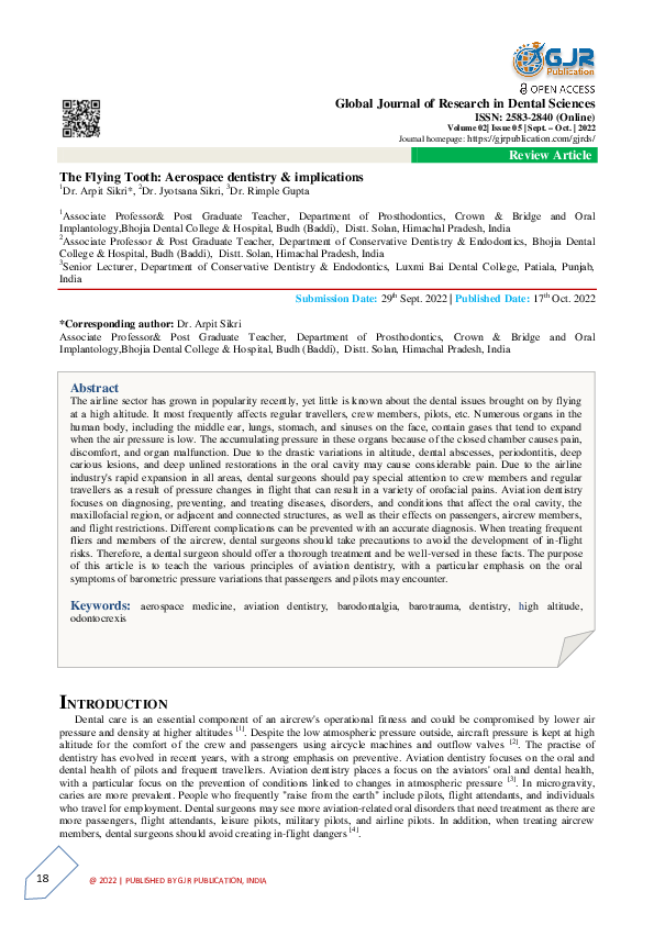(PDF) The Flying Tooth: Aerospace dentistry & implications