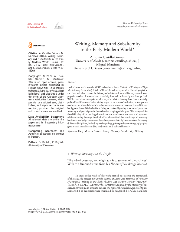 (PDF) Writing, Memory and Subalternity in the Early Modern World