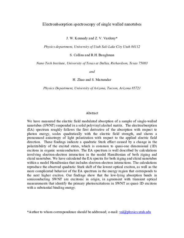 (PDF) Electroabsorption spectroscopy of single walled nanotubes | Valy ...