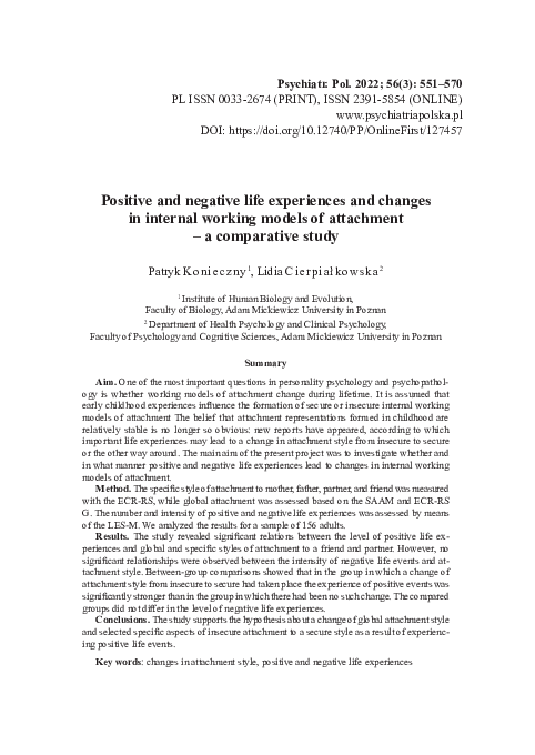 (PDF) Positive and negative life experiences and changes in internal working models of ...