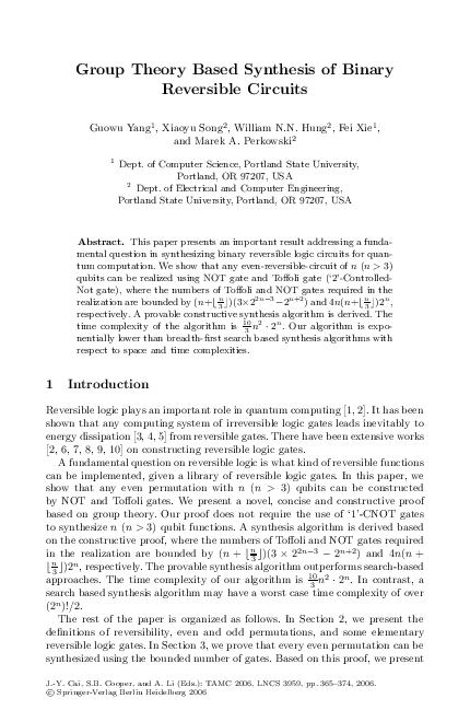 (PDF) Group Theory Based Synthesis of Binary Reversible Circuits