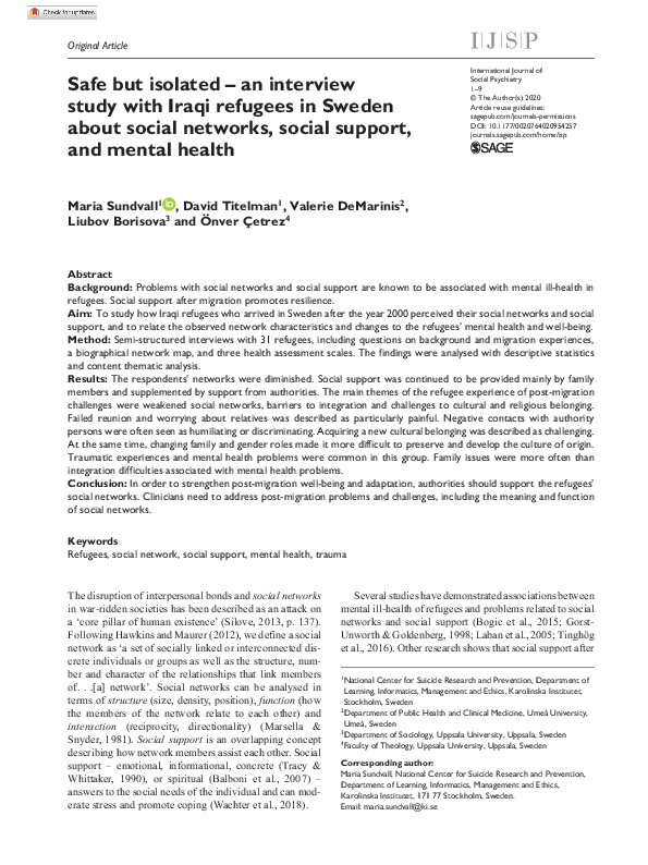 (PDF) Safe but isolated – an interview study with Iraqi refugees in ...