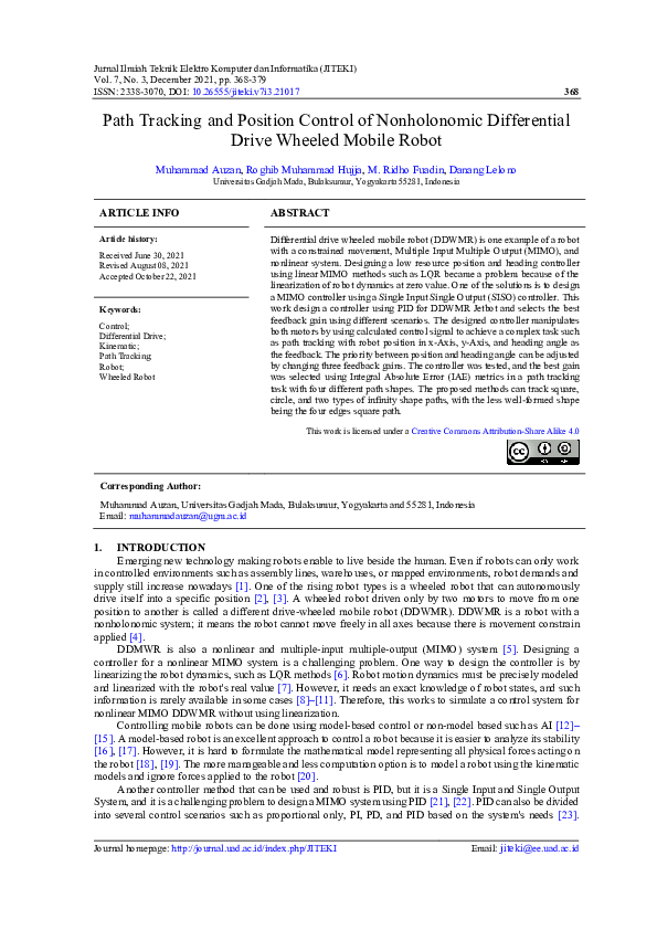 (PDF) Path Tracking and Position Control of Nonholonomic Differential Drive Wheeled Mobile Robot