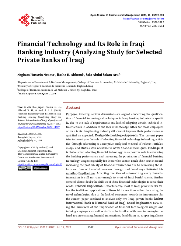 (PDF) Financial Technology and Its Role in Iraqi Banking Industry ...