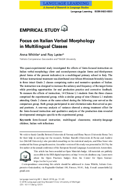 (PDF) Focus on Italian Verbal Morphology in Multilingual Classes
