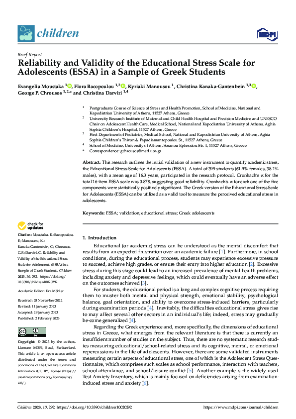(PDF) Reliability and Validity of the Educational Stress Scale for ...