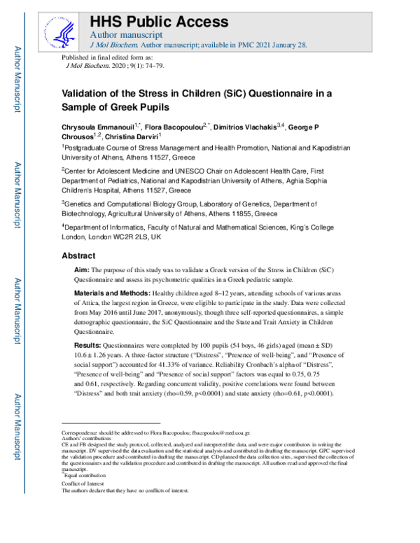(PDF) Validation of the Stress in Children (SiC) Questionnaire in a Sample of Greek Pupils