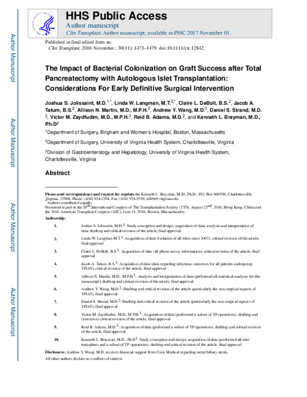 (PDF) The impact of bacterial colonization on graft success after total ...