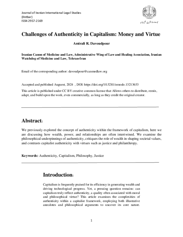 (PDF) Challenges of Authenticity in Capitalism: Money and Virtue