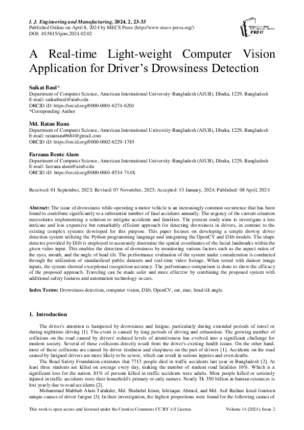 (PDF) A Real-time Light-weight Computer Vision Application for Driver's Drowsiness Detection