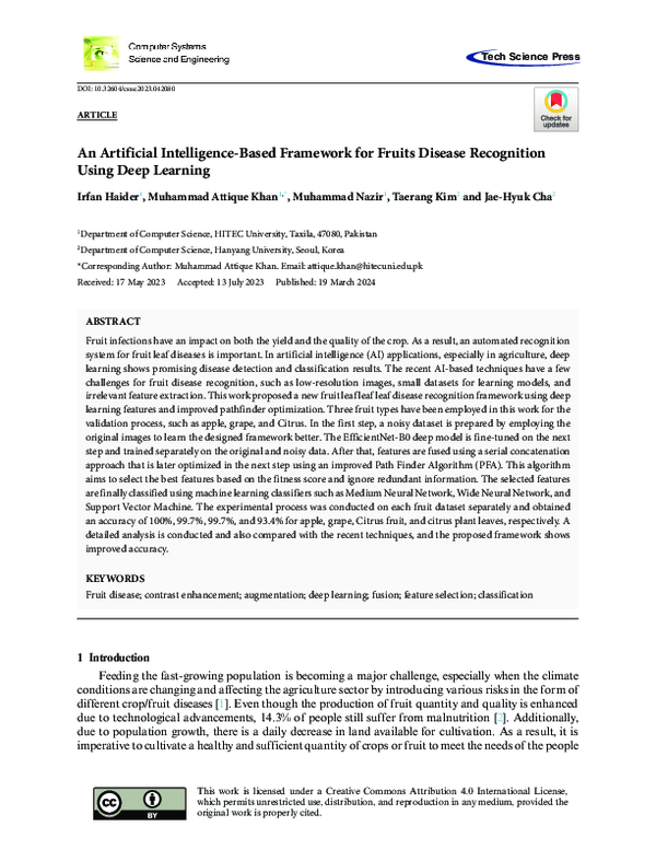 (PDF) An Artificial Intelligence-Based Framework for Fruits Disease Recognition Using Deep Learning