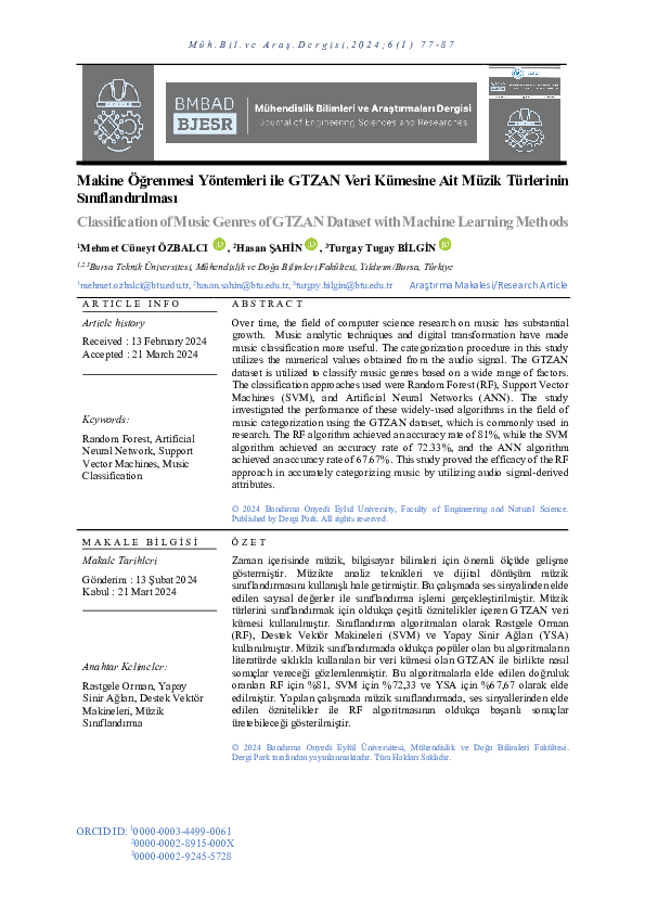 (PDF) Makine Öğrenmesi Yöntemleri ile GTZAN Veri Kümesine Ait Müzik ...