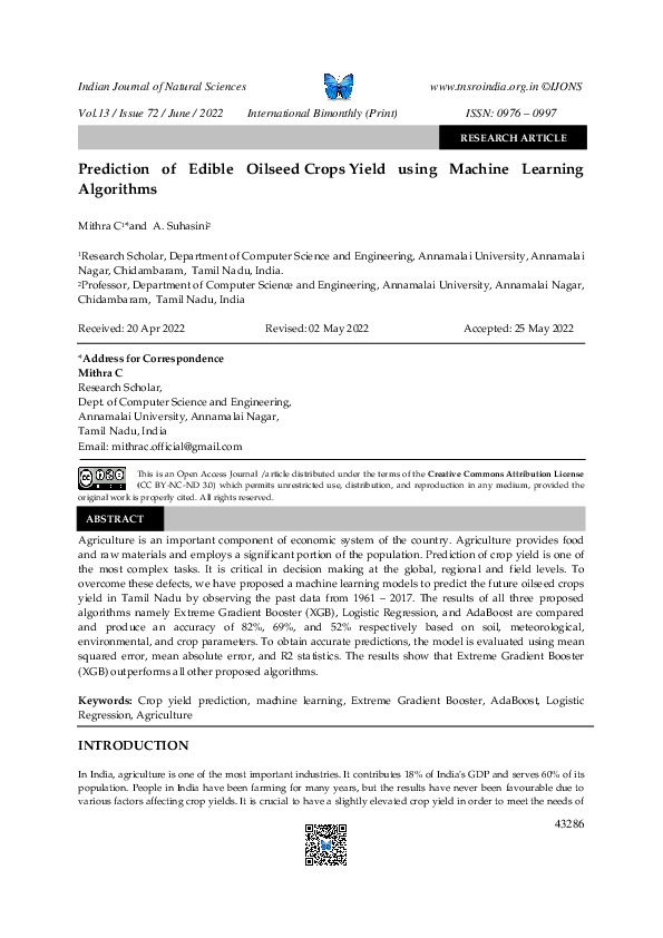 (PDF) Prediction of Edible Oilseed Crops Yield using Machine Learning Algorithms
