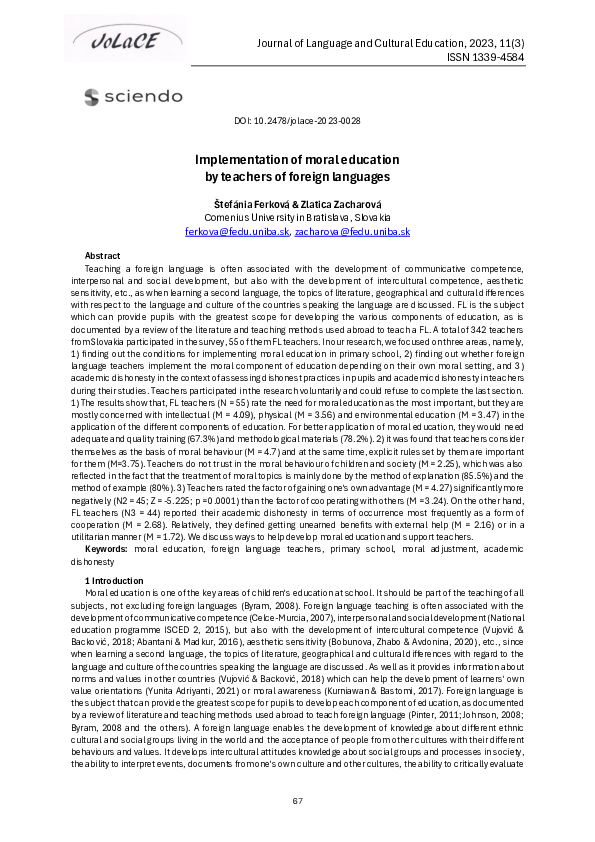 (PDF) Implementation of moral education by teachers of foreign languages