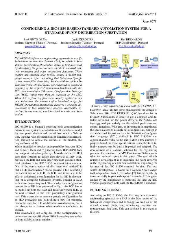 Pdf Configuring A Iec 61850 Based Standard Automation System For A Standard Hv Mv Distribution
