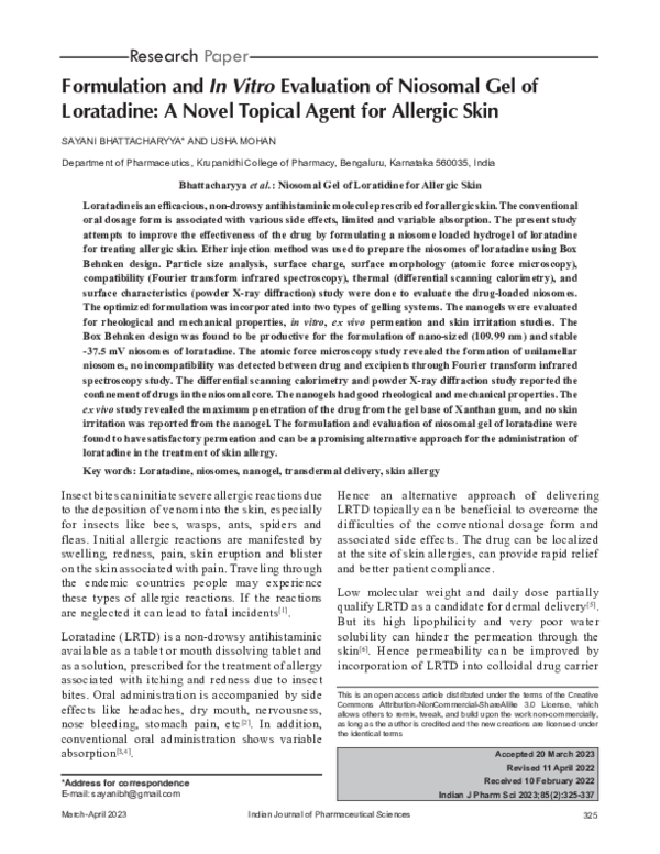 Pdf Formulation And In Vitro Evaluation Of Niosomal Gel Of Loratadine A Novel Topical Agent