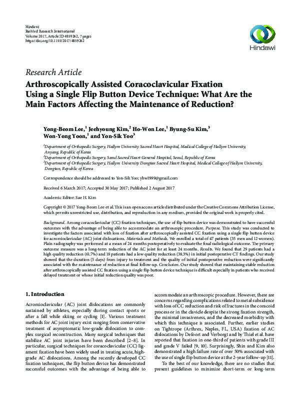 (PDF) Arthroscopically Assisted Coracoclavicular Fixation Using a ...