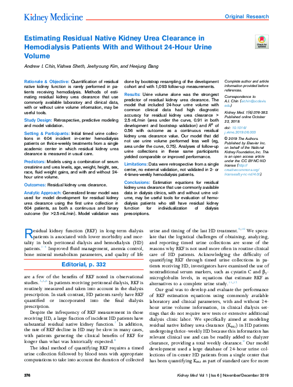(PDF) Estimating Residual Native Kidney Urea Clearance in Hemodialysis ...