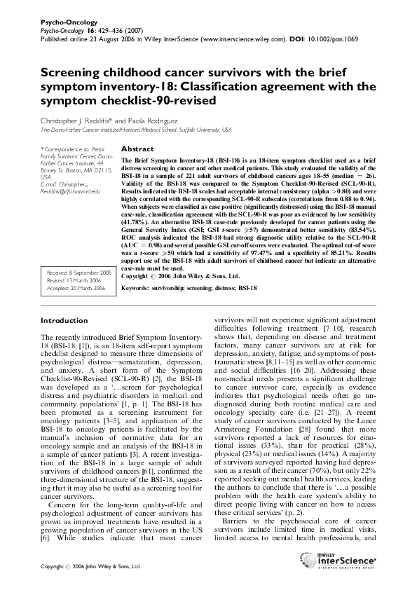 (PDF) Screening childhood cancer survivors with the brief symptom ...