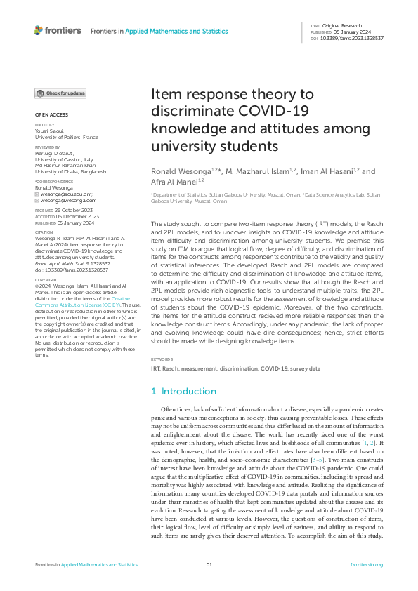 (PDF) Item response theory to discriminate COVID-19 knowledge and attitudes among university ...
