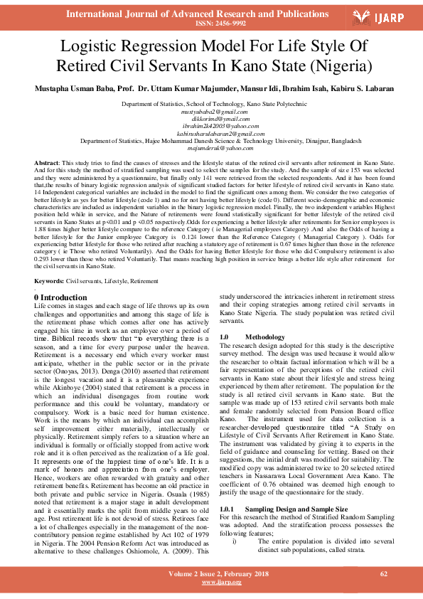 (PDF) Logistic Regression Model For Life Style Of Retired Civil Servants In Kano State (Nigeria ...