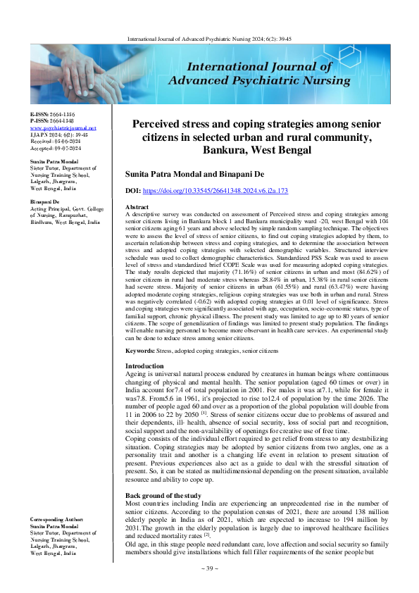 (PDF) Perceived stress and coping strategies among senior citizens in ...