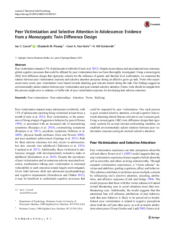 (PDF) Peer Victimization and Selective Attention in Adolescence ...