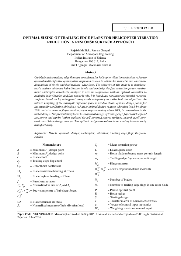 (PDF) Optimal Sizing of Trailing Edge Flaps for Helicopter Vibration Reduction: A Response ...