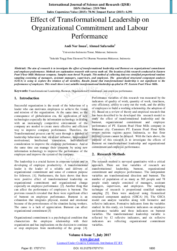 (PDF) The Effect of Transformational Leadership on Organizational Commitment Mediated by Job ...