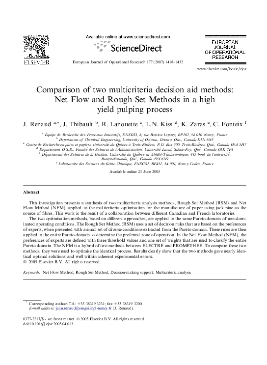 (PDF) Comparison of two multicriteria decision aid methods: Net Flow and Rough Set Methods in a ...