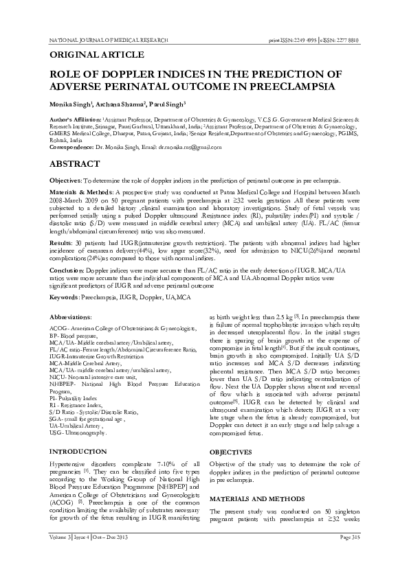 (PDF) ROLE OF DOPPLER INDICES IN THE PREDICTION OF ADVERSE PERINATAL ...