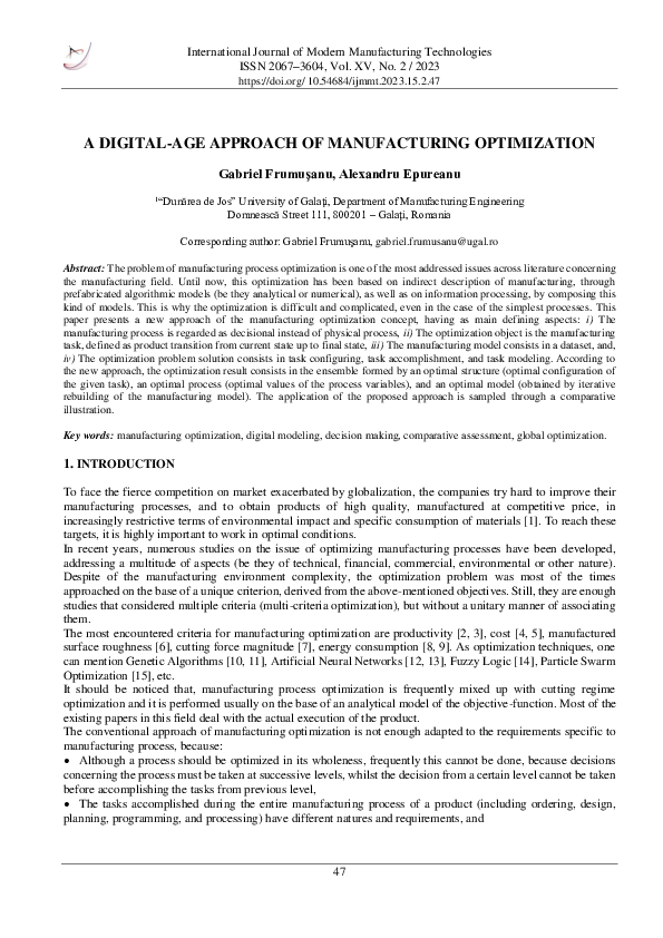 (PDF) A Digital-Age Approach of Manufacturing Optimization