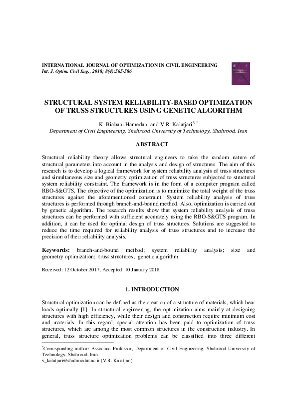 Pdf Structural System Reliability Based Optimization Of Truss Structures Using Genetic Algorithm 2638