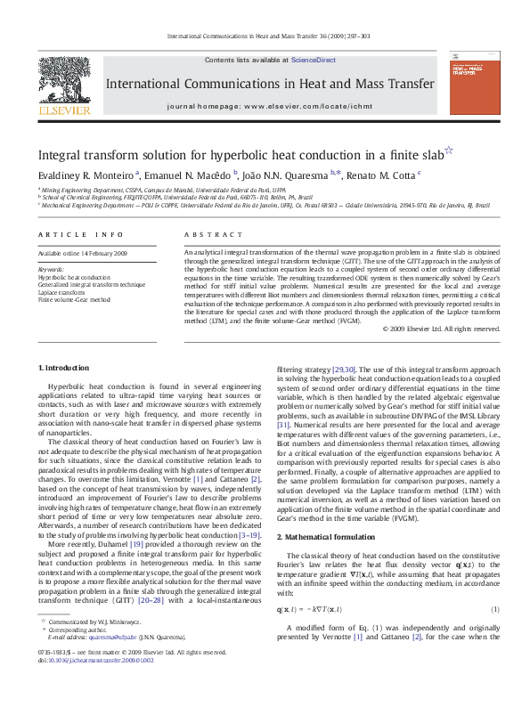 (PDF) Integral transform solution for hyperbolic heat conduction in a finite slab