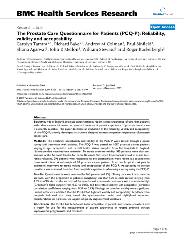 (PDF) The Prostate Care Questionnaire for Patients (PCQ-P): Reliability ...