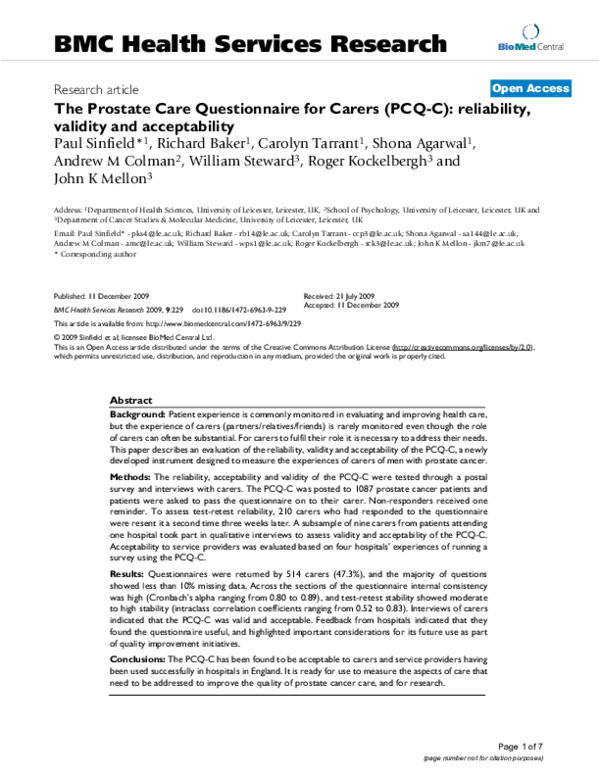 (PDF) The Prostate Care Questionnaire for Carers (PCQ-C): reliability ...