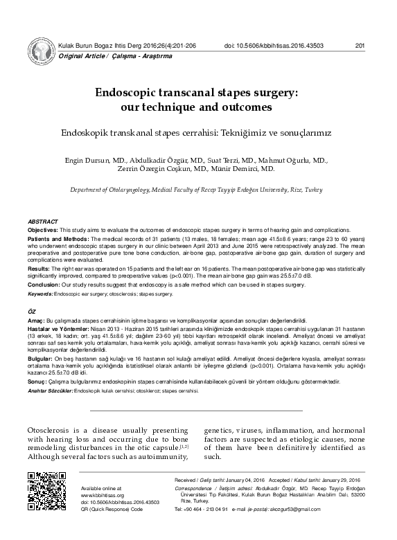 (PDF) Endoscopic transcanal stapes surgery: our technique and outcomes