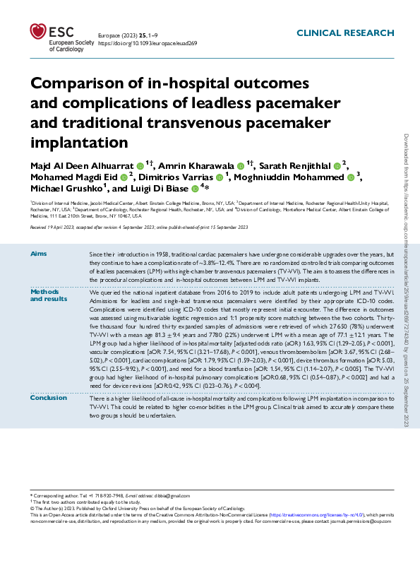(PDF) Comparison of in-hospital outcomes and complications of leadless ...