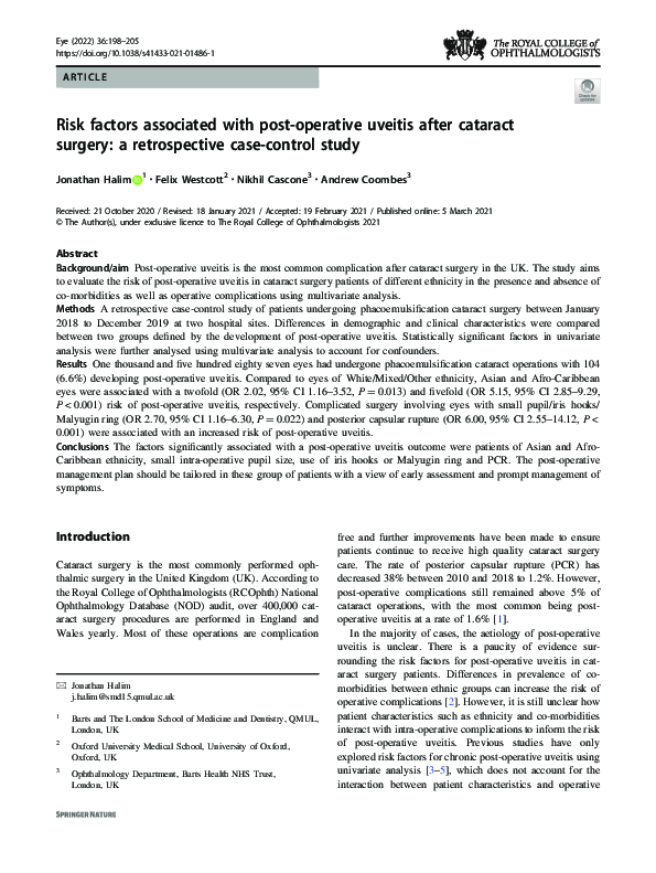 Pdf Risk Factors Associated With Post Operative Uveitis After Cataract Surgery A