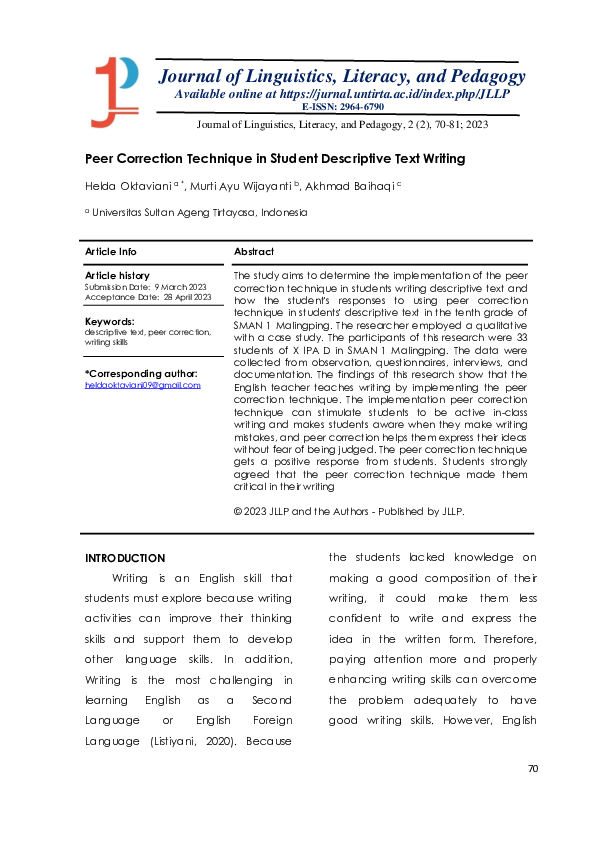 (PDF) Peer Correction Technique in Student Descriptive Text Writing