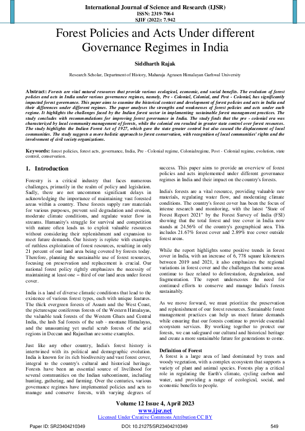 (PDF) Forest Policies and Acts Under Different Governance Regimes in India