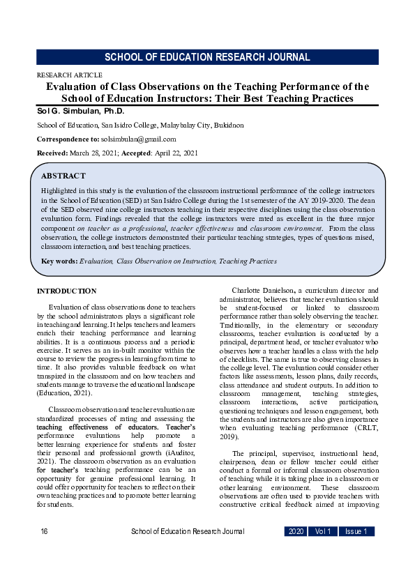 (PDF) Evaluation of Class Observations on the Teaching Performance of ...
