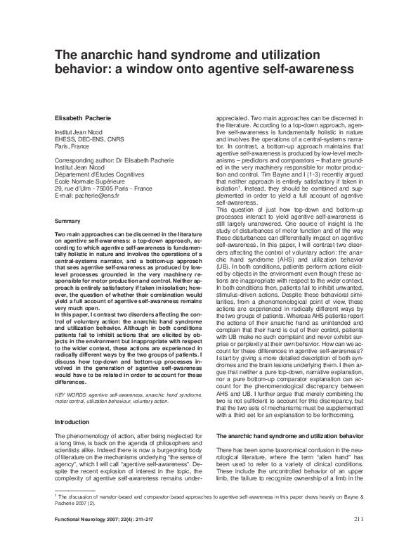 (PDF) The anarchic hand syndrome and utilization behavior: A window ...