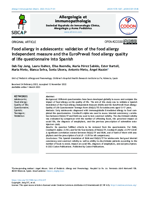 (PDF) Food allergy in adolescents: validation of the food allergy ...