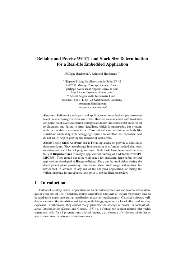 (PDF) Reliable and Precise WCET and Stack Size Determination for a Real-life Embedded Application