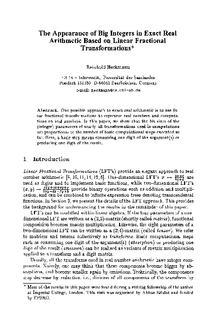 (PDF) The appearance of big integers in exact real arithmetic based on Linear Fractional ...