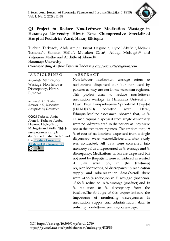 (PDF) QI Project to Reduce Non-Leftover Medication Wastage in Haramaya ...
