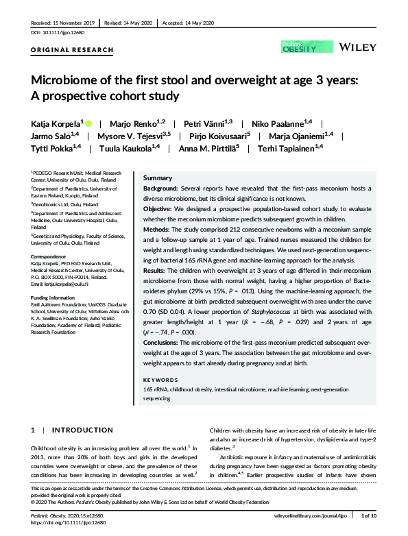 (PDF) Microbiome of the first stool and overweight at age 3 years: A ...
