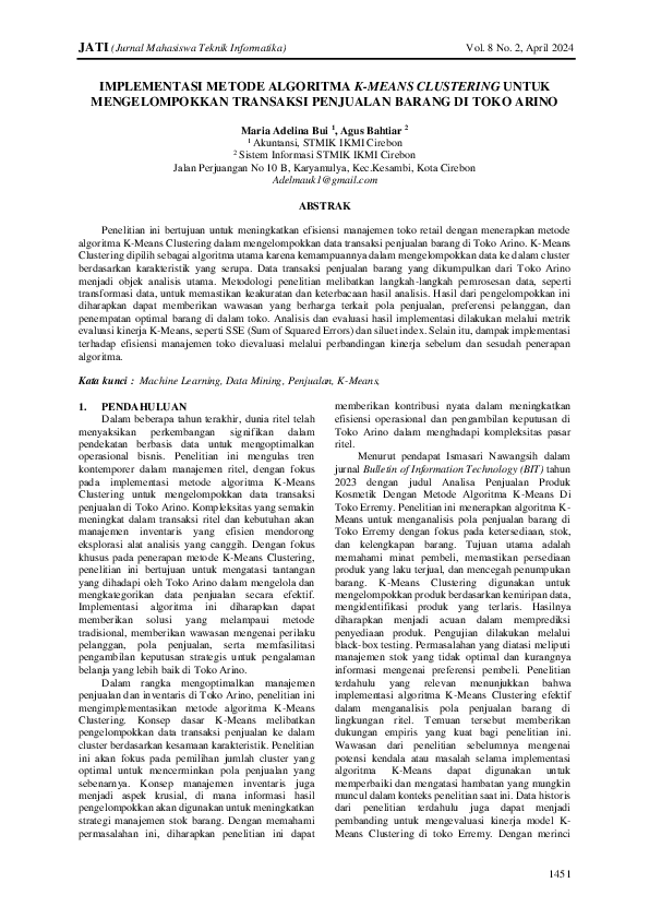 (PDF) Implementasi Metode Algoritma K-Means Clustering Untuk Mengelompokkan Transaksi Penjualan ...