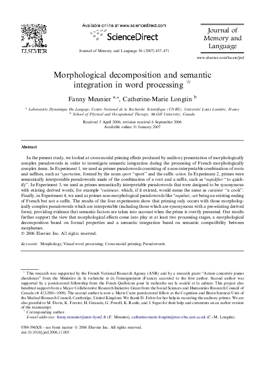 Morphological Decomposition And Semantic Integration In Word Processing